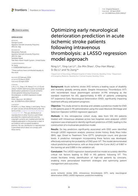 Pdf Optimizing Early Neurological Deterioration Prediction In Acute