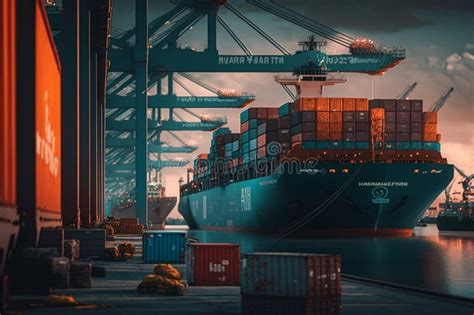 Shipping Container Port Illustration With Giant Cargo Ships Ai Generated Stock Illustration