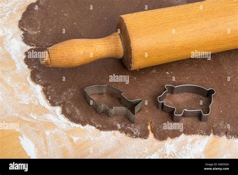 Flat Rolled Out Dough Rolling Pin And Cookie Cutters Close Up Of