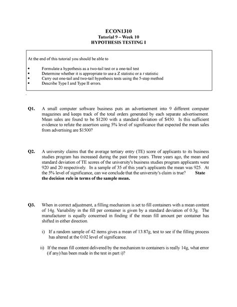Econ1310 Tutorial 9 Workings For Sem 1 Econ Tutorial 9 Week 10