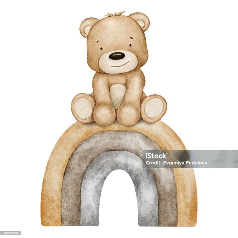 아기 곰 장난감이 무지개 위에 앉아 있습니다 테디 장난감 수채화 손으로 그린 그림입니다 격리 베이비 샤워 포스터 카드 초대장 패브릭 어린이 방 디자인 로고에 이상적 0명에