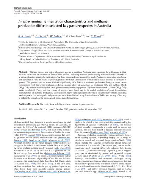 Pdf In Vitro Ruminal Fermentation Characteristics And Methane