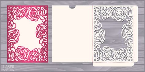 다이 레이저 컷 웨딩 카드 벡터 템플릿 장미 무늬가 있는 레이스 프레임이 있는 초대 포켓 봉투 웨딩 레이스 초대 모형입니다 결혼식에 대한 스톡 벡터 아트 및 기타 이미지