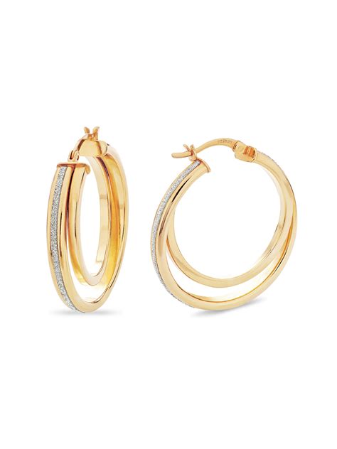 Gold Over Sterling Silver Glitter Polished Double Hoop Earrings