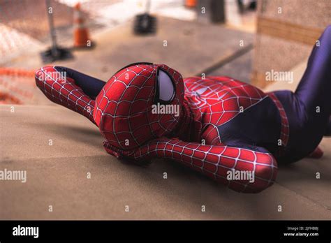 Spider Man Relaxing On The Wall Famous Superhero Visiting Downtown