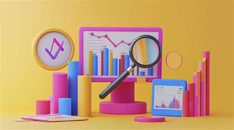 A Colorful 3d Illustration Of A Computer Monitor Displaying A Line Graph With A Magnifying Glass