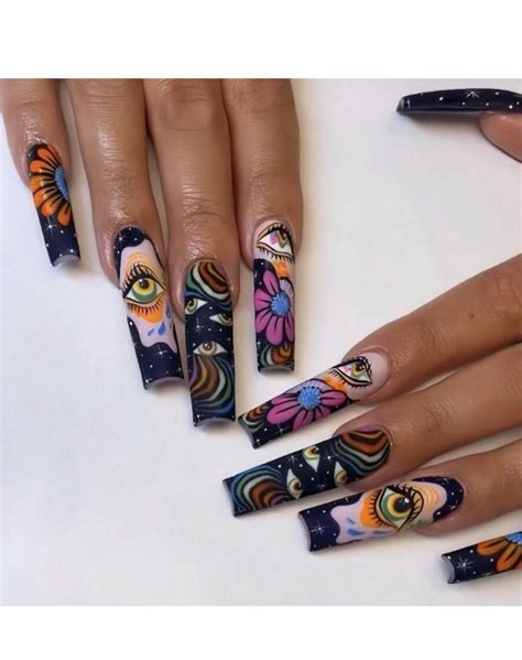 Комплект Разкошни Press On Изкуствени Нокти 24 броя Дълги Балетна Форма Многоцветни Дъга Очи