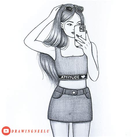 A Beautiful Girl Taking Selfie Drawing Easy Pencil Sketch For