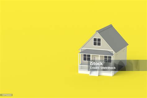노란색 배경에 회색 집 부동산 건설 저렴한 주택을 구입 판매 임대 현대 건축 도시와 마을의 땅 공간을 복사합니다 3d 렌더