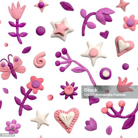 다양 한 꽃 잎 나비 및 플라스틱 하트의 원활한 패턴입니다 흰색 배경에 컬러 플라스틱 점토 3d 그림 귀여운 반죽 모양 꽃