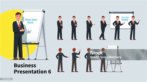현대 플립 차트 포즈에 대 한 프리 젠 테이 션 또는 강의를 주는 잘생긴 비즈니스 교사 남자 세트 플립 차트와 프로젝션 스크린에 텍스트를 보여주는 사업가 평면 벡터 캐릭터