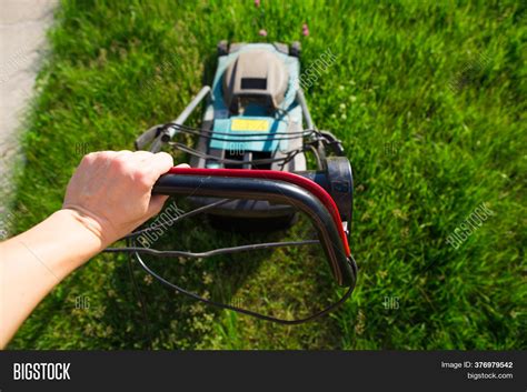 Man Mows Green Lawn Image And Photo Free Trial Bigstock