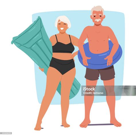 쾌활한 노인 커플 수영복 풍선 수영 반지를 들고 자신 있게 서 만화 벡터 장면 건강한 생활방식에 대한 스톡 벡터 아트 및 기타