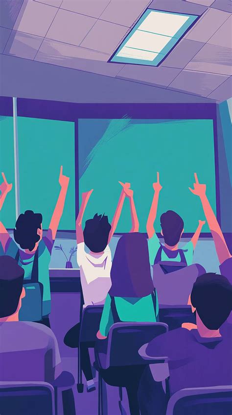 보라색과 초록색 대학생들이 교실에서 축하하기