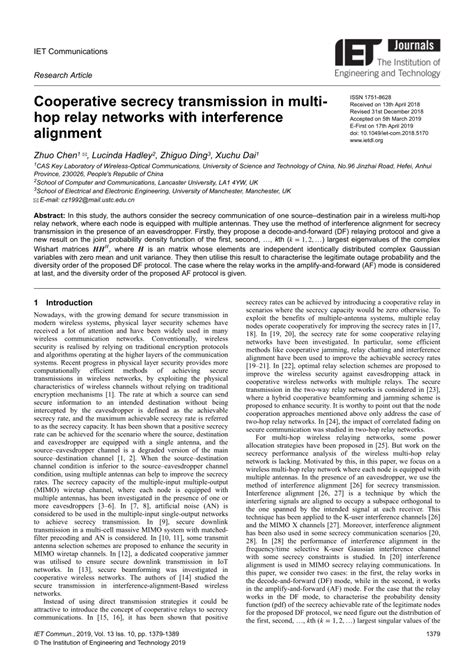Pdf Cooperative Secrecy Transmission In Multi Hop Relay Networks With Interference Alignment
