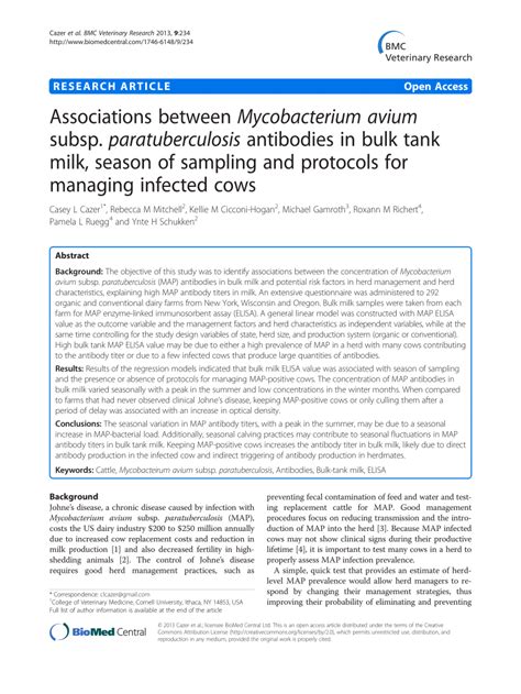 Pdf Associations Between Mycobacterium Avium Ssp Paratuberculosis Antibodies In Bulk Tank