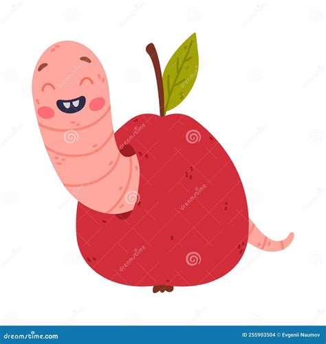 Funny Pink Worm Character With Long Body Peeking From Apple Hole Vector