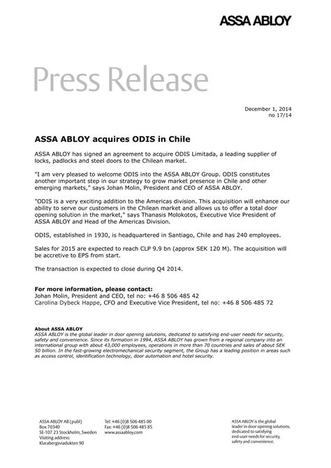 Assa Abloy Acquires Odis In Chile Pdf Assa Abloy Acquires Odis In Chile Pdf