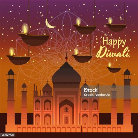 휴가 디 왈 리 불타는 걸려 Diy와 대 한 아름 다운 인사말 카드 배경 타지마 밤 만화 스타일 벡터 삽화 기도하기에 대한 스톡 벡터 아트 및 기타 이미지 Istock