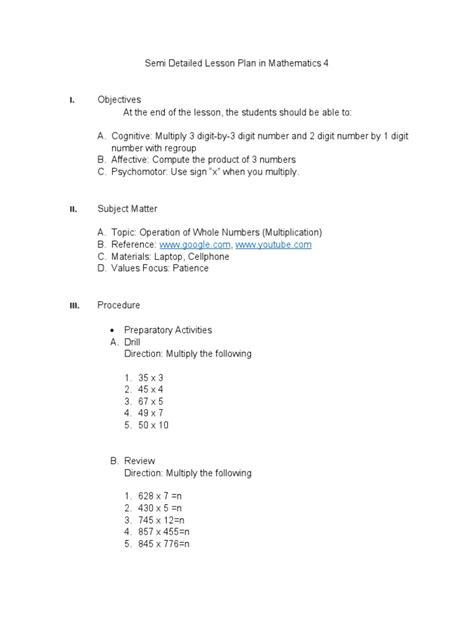 Semi Detailed Lesson Plan In Mathematics 4 Pdf Multiplication Lesson Plan