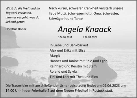 Traueranzeigen Von Angela Knaack Trauer Anzeigende