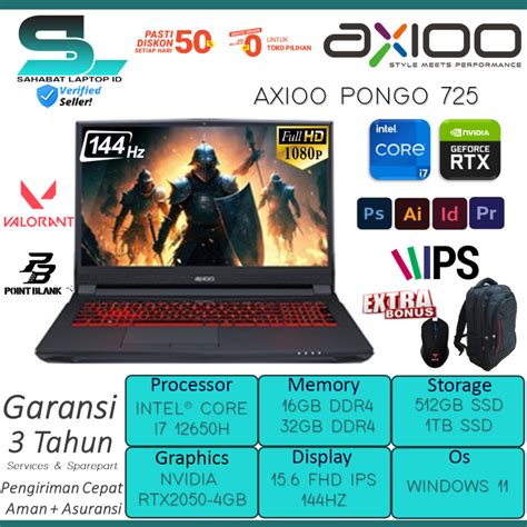 Jual Gaming Axioo Pongo 725 Intel I7 12650h 32gb 1tb Ssd Rtx2050 Fhd