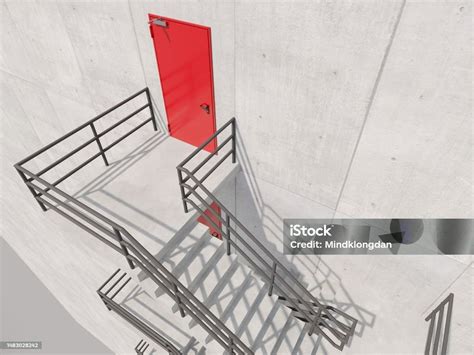 건물 외부에 빨간색 금속 문이 있는 콘크리트 화재 탈출구 3d 렌더링 빨강에 대한 스톡 사진 및 기타 이미지 빨강 건축 사다리 Istock