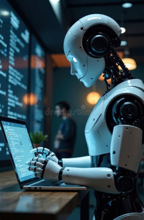Advanced Humanoid Robot Sitting at Computer on Blurred Modern Office Background Stock Photo ...