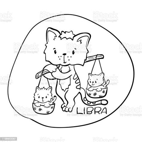 귀여운 고양이 캐릭터와 천칭 자리 점성술 조디악 기호 흰색 배경에 있는 선명록 벡터 일러스트레이션 10월에 대한 스톡 벡터 아트