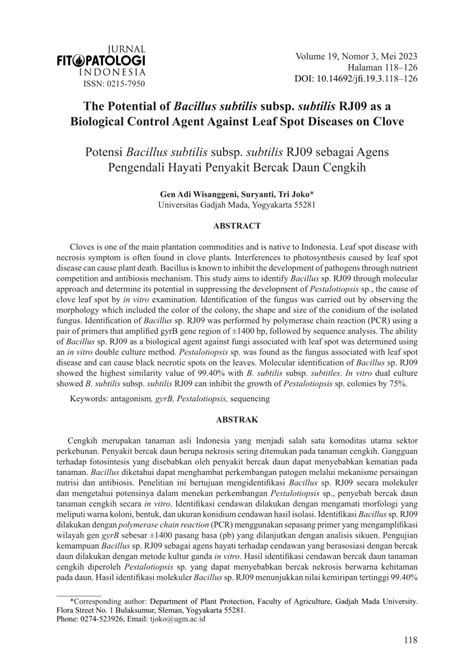 Pdf The Potential Of Bacillus Subtilis Subsp Subtilis Rj09 As A Biological Control Agent