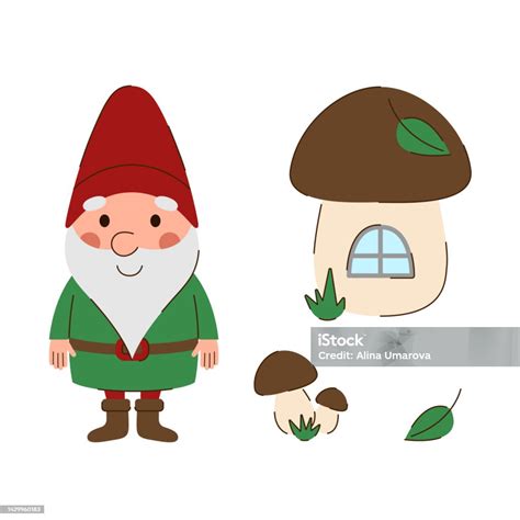 버섯 집이있는 행복한 그놈 흰 배경에 고립 된 버섯 Ans 잎 빨간 모자와 녹색 옷을 입은 드워프 어린이 벡터 일러스트 레이 션