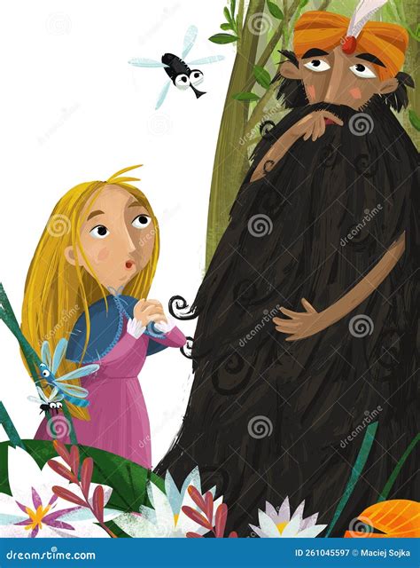 Cartoon Wise Older Man Jinn Thinking And Girl Princess Stock