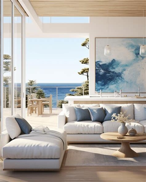 Bright White And Blue Kitchen Living Room Premium AI Generated Image