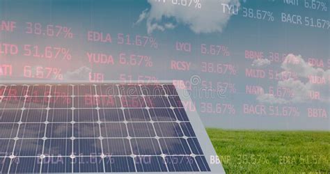 Image Of Stock Market Data Processing Over Solar Panel On Grass Against Blue Sky Stock