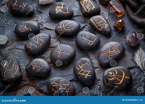 Ancient Rune Stones On Dark Slate With Glowing Symbols And Crystals Ai