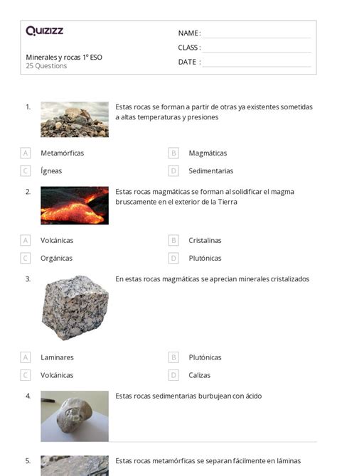50 Minerales Y Rocas Hojas De Trabajo Para Grado 7 En Quizizz Gratis
