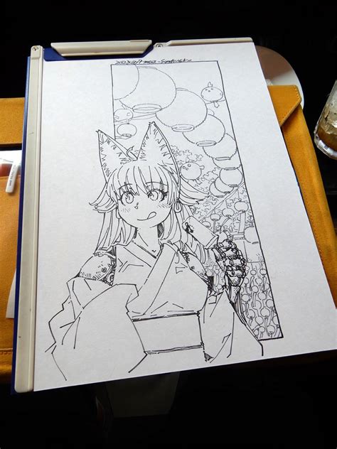 「病院で描いた絵のデジカメ版。待ち時間は長めだったが全然退屈しなかった。 線画 出先絵 狐娘 」meiz：boothで原画・素材等販売の漫画