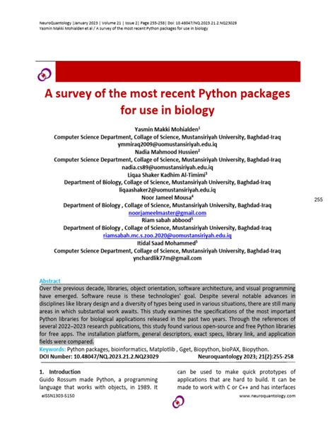 A Survey Of The Most Recent Python Packages For Use In Biology Pdf