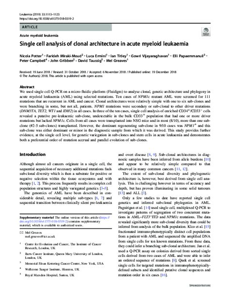 Pdf Single Cell Analysis Of Clonal Architecture In Acute Myeloid Leukaemia