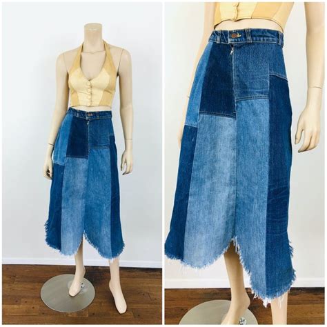 Vintage 1970s PATCHWORK DENIM Raw Hem HIPPIE Boho Skirt Etsy