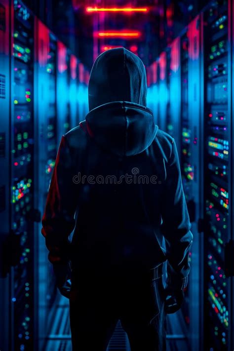 Back View Of Hacker In Hoodie Standing Among Illuminated Servers Stock Illustration