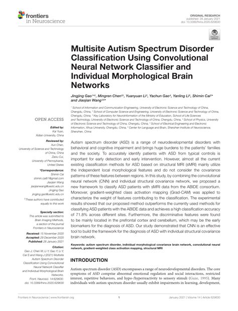 Pdf Multisite Autism Spectrum Disorder Classification Using Convolutional Neural Network