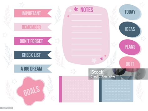 만화 작업 플래너 귀여운 종이 스티커 배너 할 일 목록 또는 메모장 빈 일정 책갈피 어린이 학교 또는 사무실을 위한 다채로운 메모지 벡터 그림 0명에 대한 스톡 벡터 아트