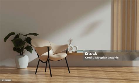 거실 인테리어 모형입니다 커피 테이블이 있는 의자와 텅 빈 따뜻한 중립 벽 배경에 장식되어 있다 3d 렌더링 일러스트레이션 3차원 형태에 대한 스톡 사진 및 기타 이미지