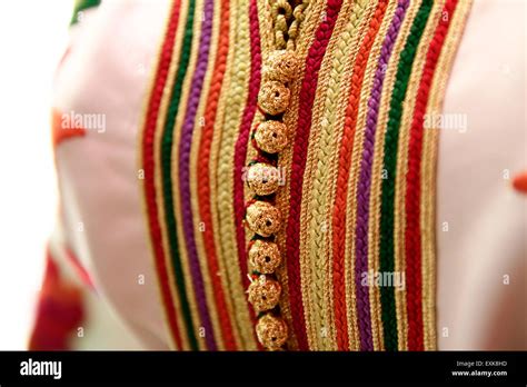 Handcrafted Embroidery Details On A Moroccan Caftan From Fez Artisans