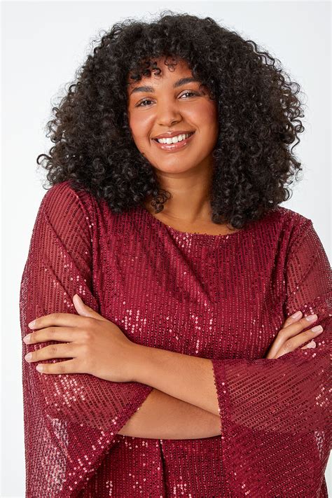 Red Curve Sheer Sleeve Sequin Top Roman Uk