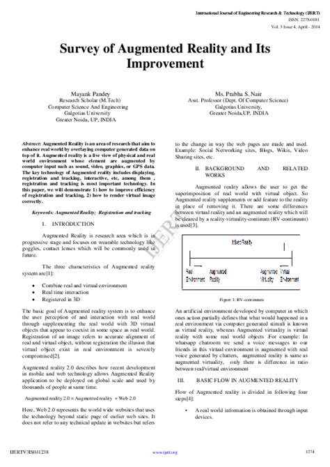Pdf Ijert Survey Of Augmented Reality And Its Improvement Ijert