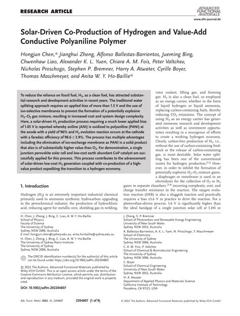 Pdf Solar‐driven Co‐production Of Hydrogen And Value‐add Conductive Polyaniline Polymer