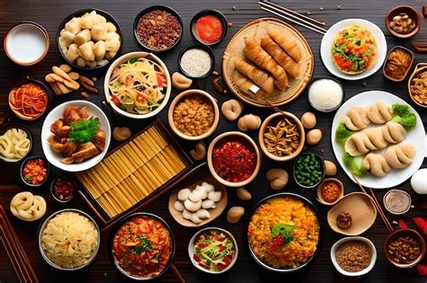 Conjunto De Comida China Variada Fideos Chinos Albóndigas De Arroz