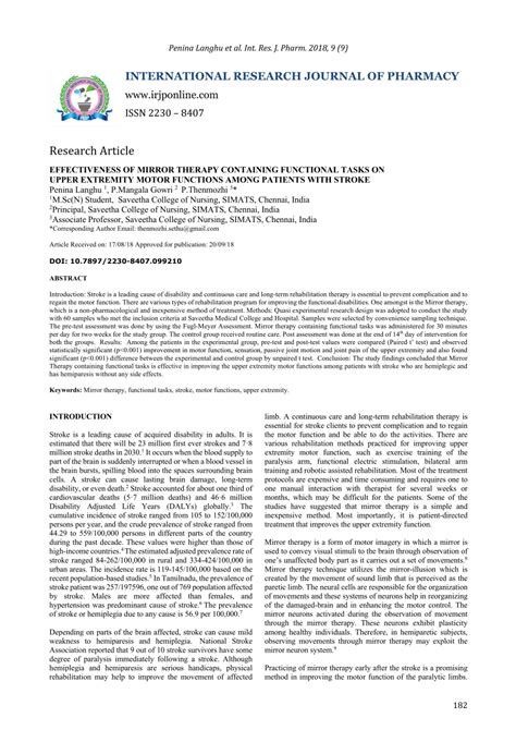 Pdf Effectiveness Of Mirror Therapy Containing Functional Tasks On Upper Extremity Motor